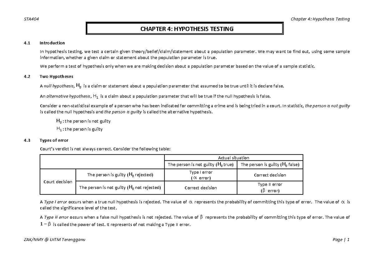 STA404 Chapter 4 Hypothesis Testing - CHAPTER 4: HYPOTHESIS TESTING 4 ...