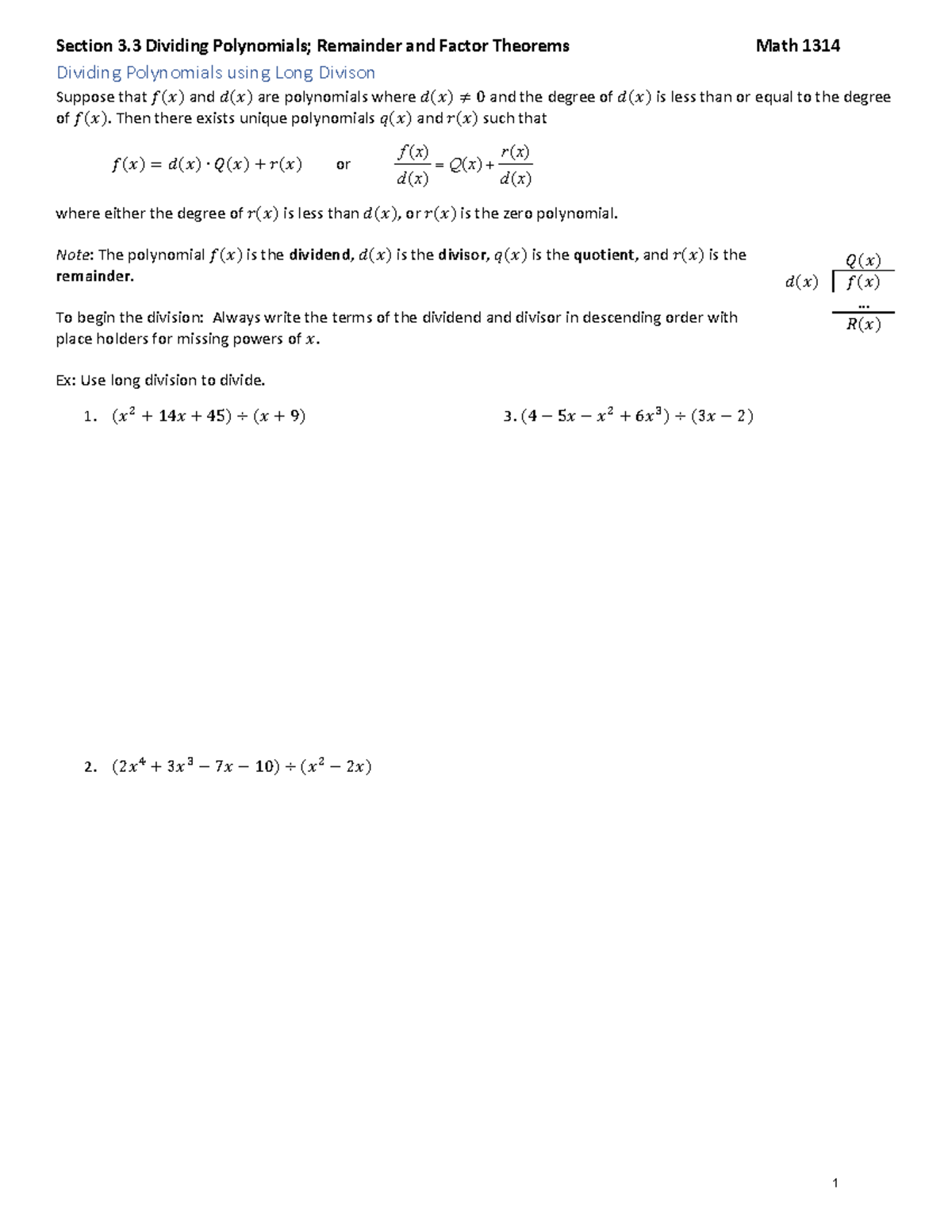 Dividing Polynomials: Long & Synthetic Division in Math 1314 - Studocu