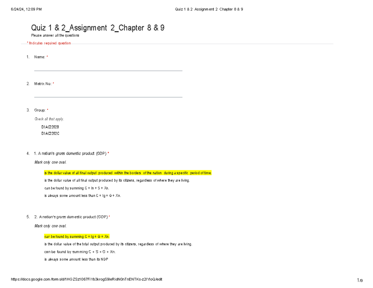 Quiz 1 & 2 Assignment 2: MCQ Tutorial for Chapters 5 & 7 - Studocu