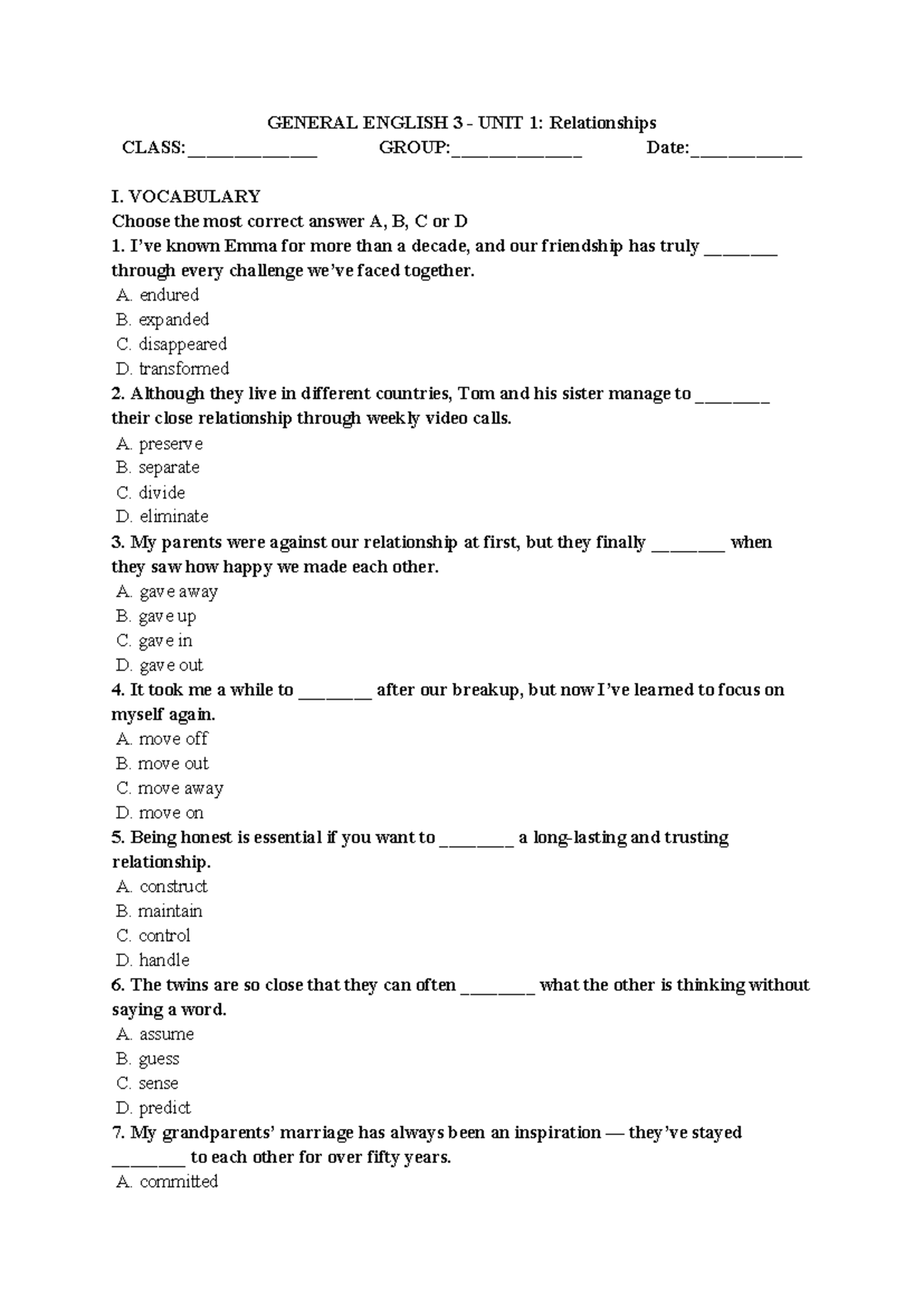GEN3 U1: Vocabulary & Grammar on Relationships - Worksheet - Studocu