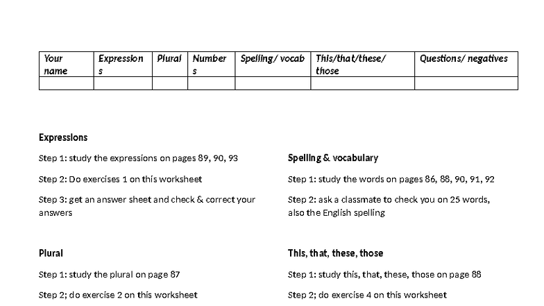 MH-1 Overzicht en Oefeningen: Expressions, Numbers & Plural Vocab ...