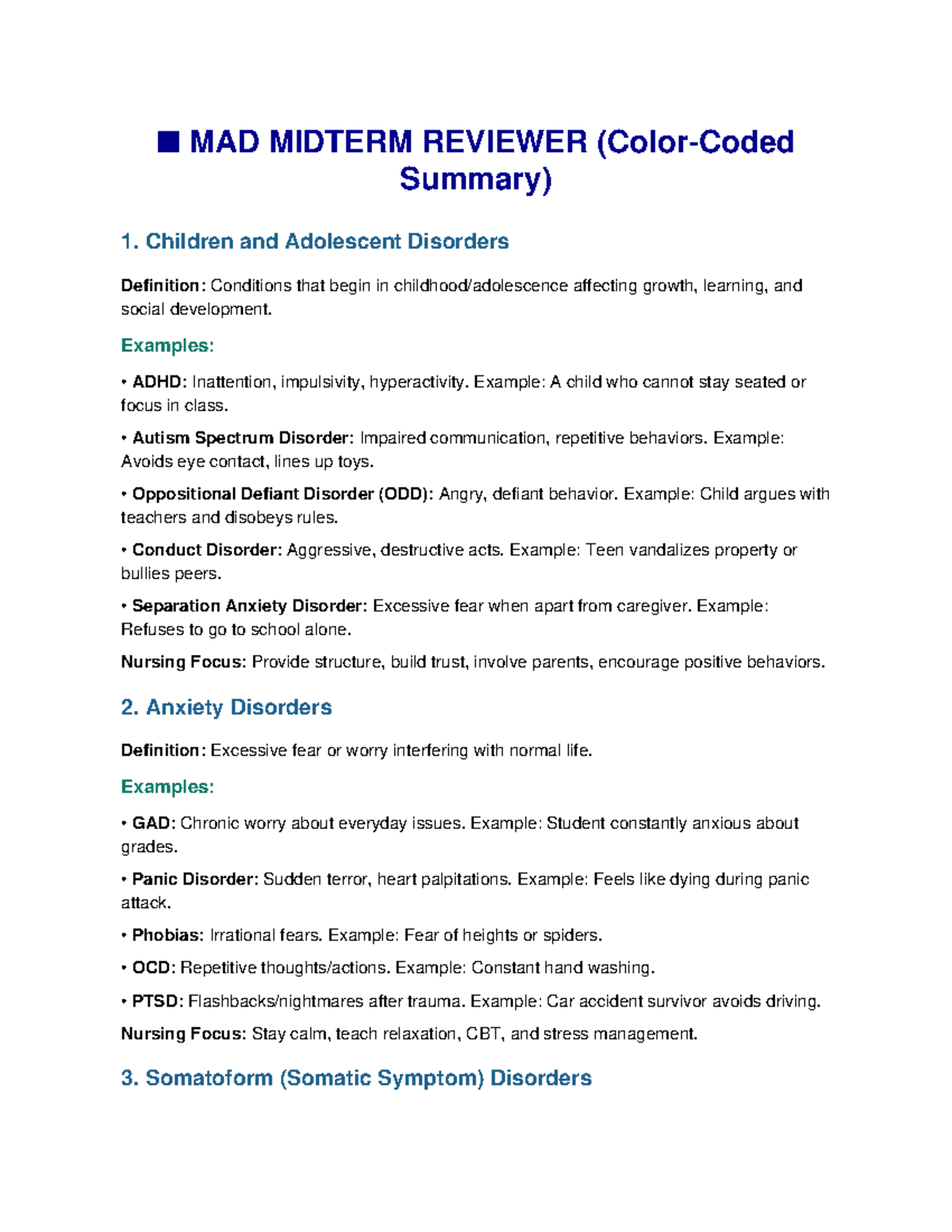 MAD MIDTERM REVIEWER: Children & Adolescent Disorders Summary - Studocu