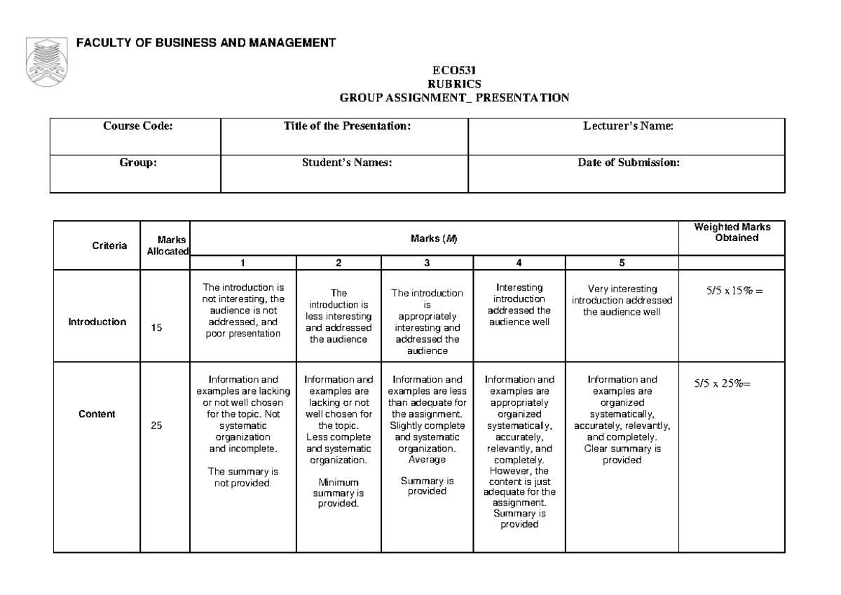 ECO531 Group Assignment Presentation Rubrics and Criteria - Studocu
