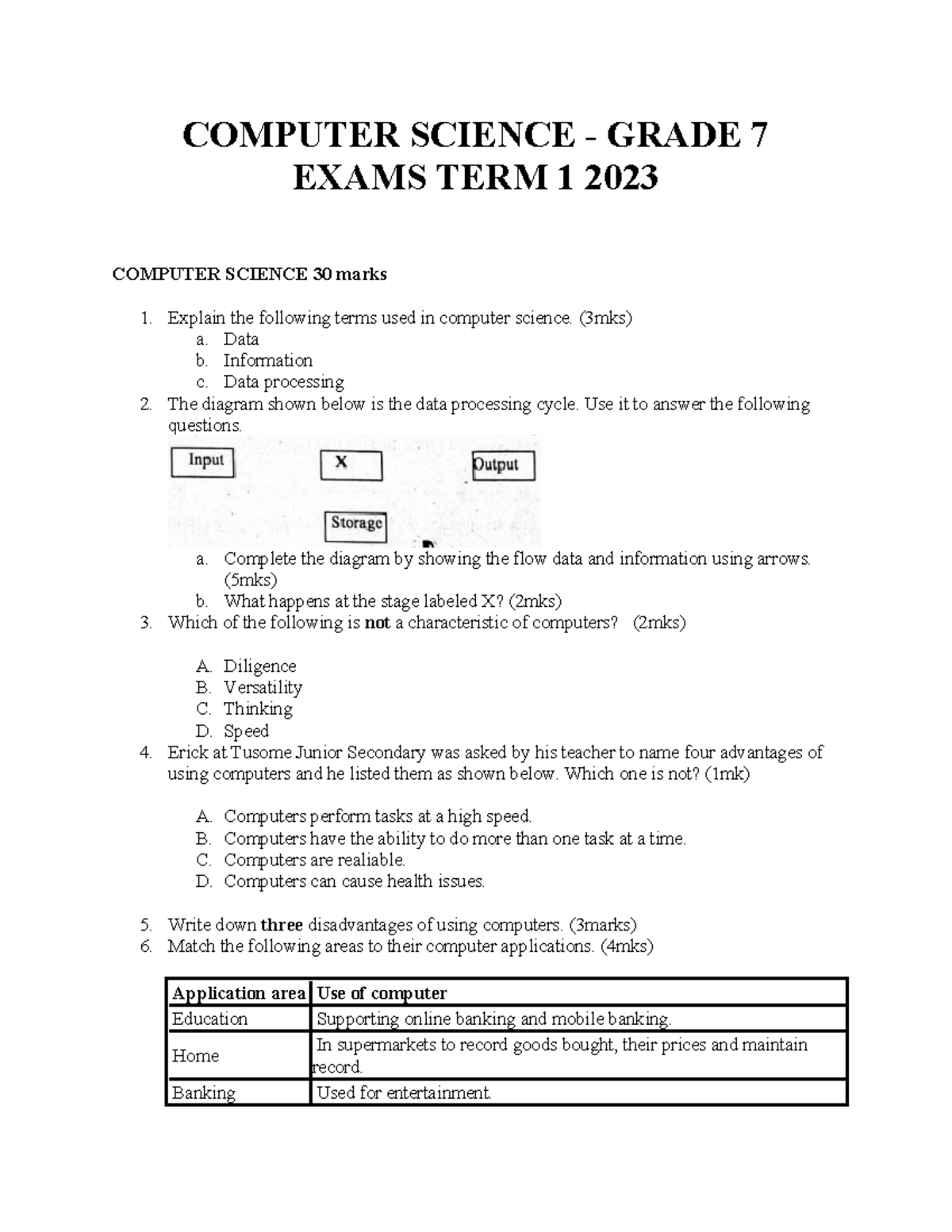 Grade 7 Computer Science Quiz - Term 1 2023 (30 Marks) - Studocu