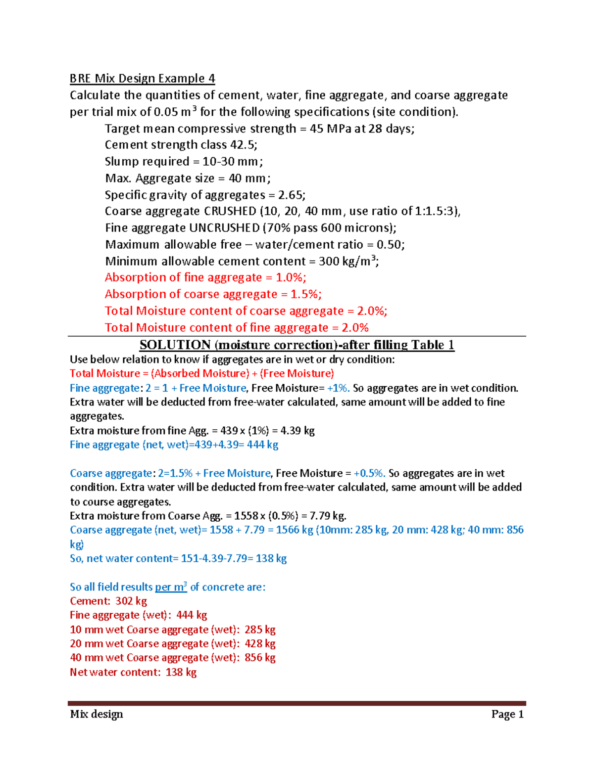 BRE Mix Design Calculation (Example 4) - Studocu