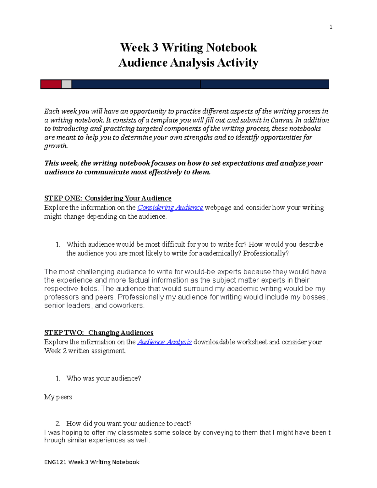 ENG 121 Week 3: Audience Analysis Writing Notebook Activities - Studocu