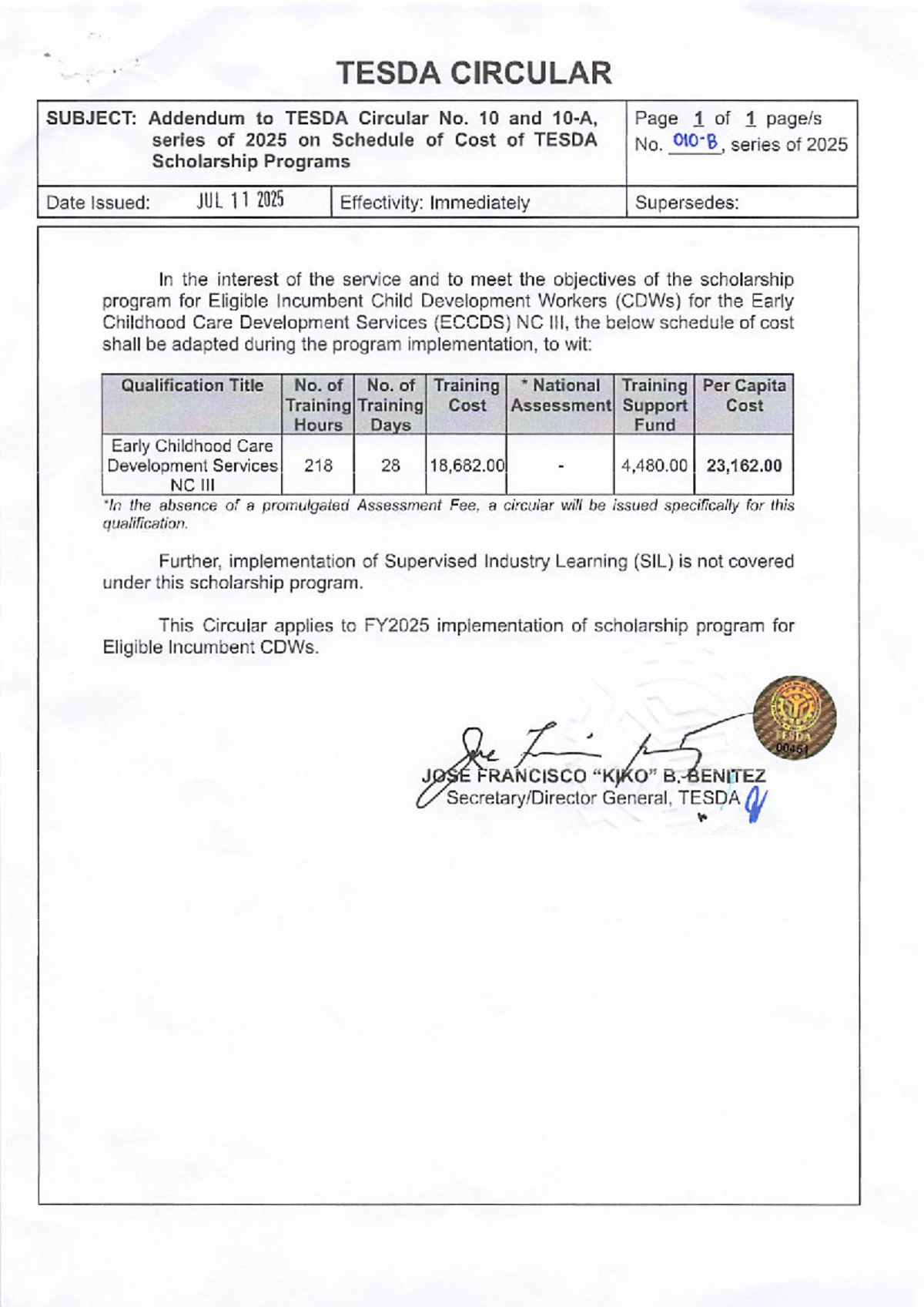 TESDA Circular No. 010-B-2025: Addendum on Scholarship Cost Schedule ...