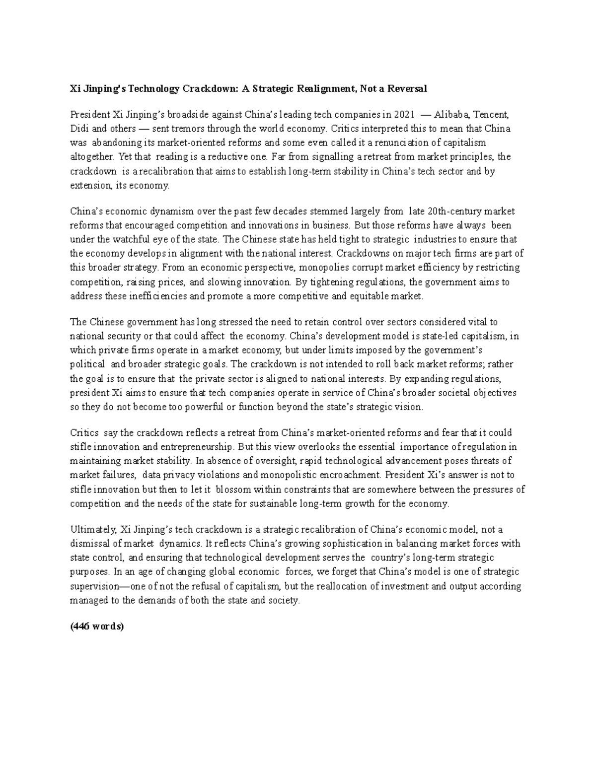 EC229: Xi's Tech Crackdown - Strategic Realignment of Capitalism - Studocu