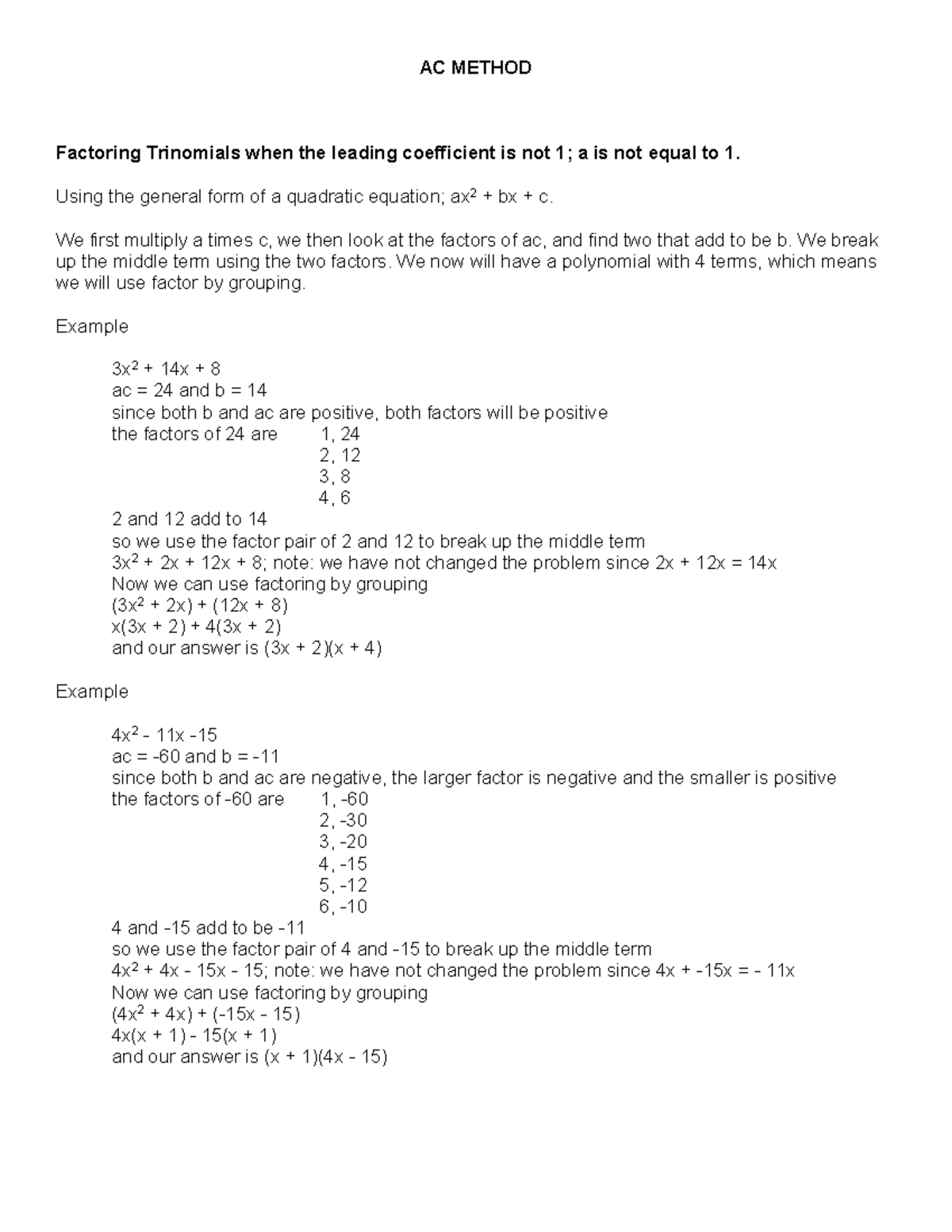 AC METHOD: Factoring Trinomials with Non-Unit Leading Coefficient - Studocu