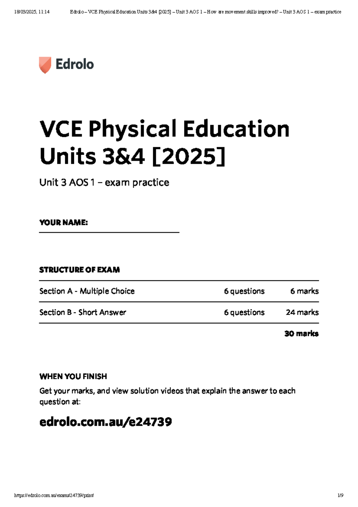 Edrolo – VCE PE Units 3&4 [2025] – Unit 3 AOS 1 Exam Practice - Studocu