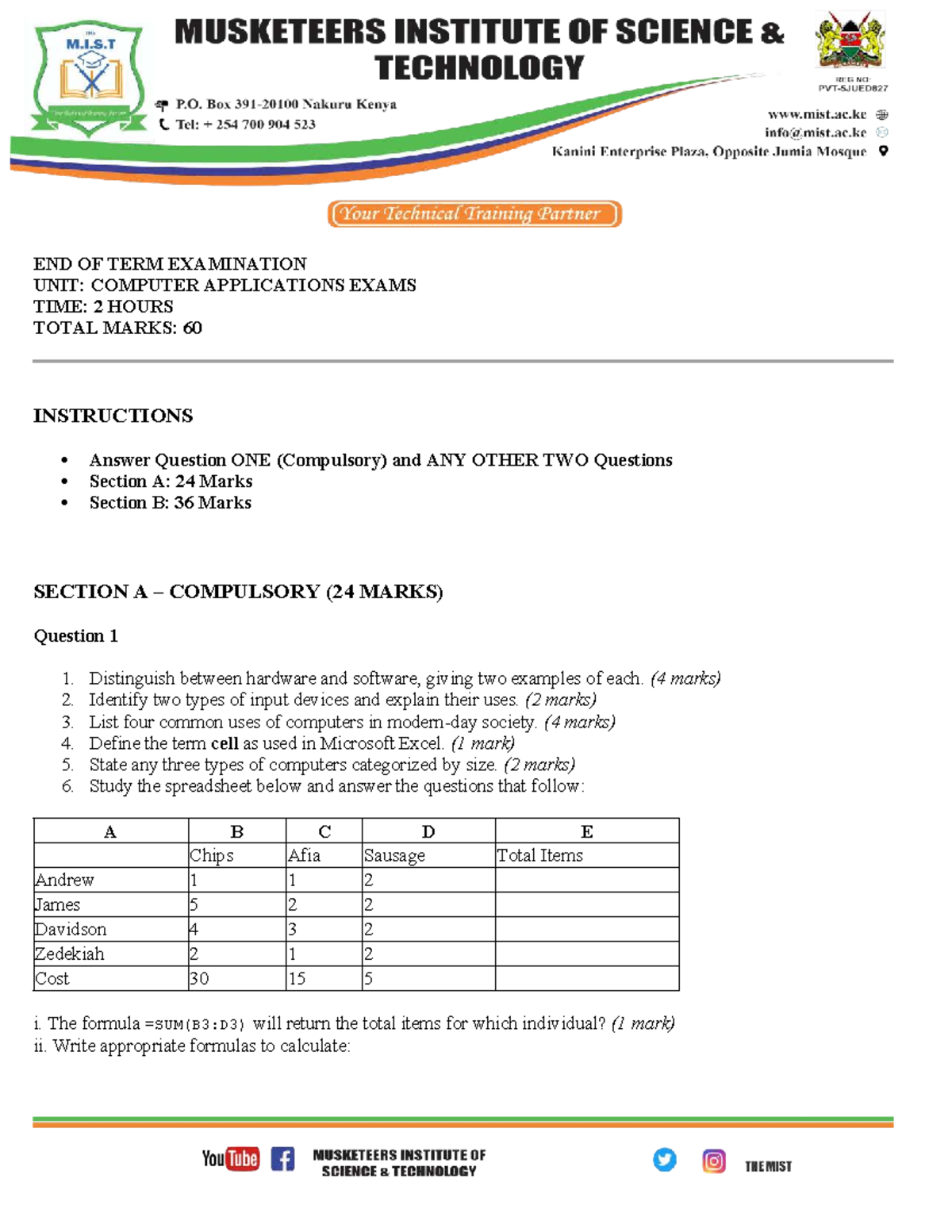 COMP 101: End of Term Exam - Computer Applications (60 Marks) - Studocu