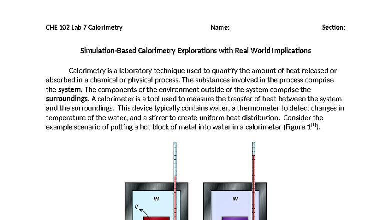 CHE 102 Lab 7: Calorimetry Explorations and Applications - Studocu