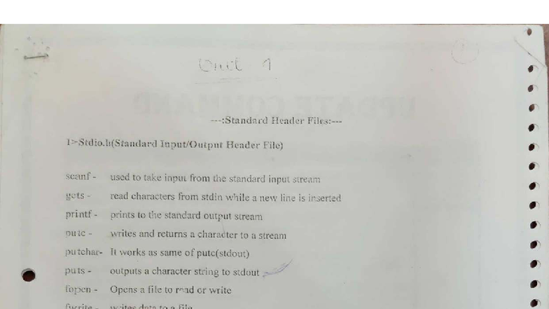 Unit 1 Standard Header Files Overview - CS101 Lecture Notes - Studocu