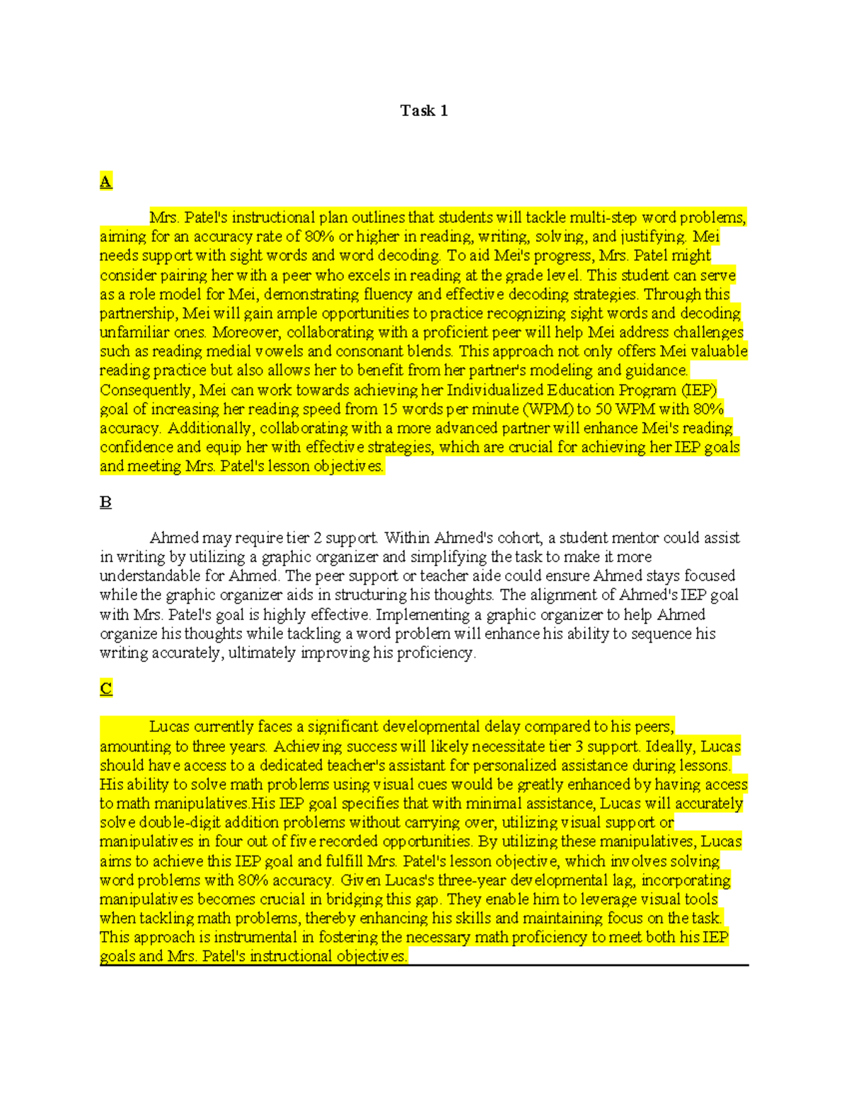 152 revised - Task 1 - Task 1 A Mrs. Patel's instructional plan ...