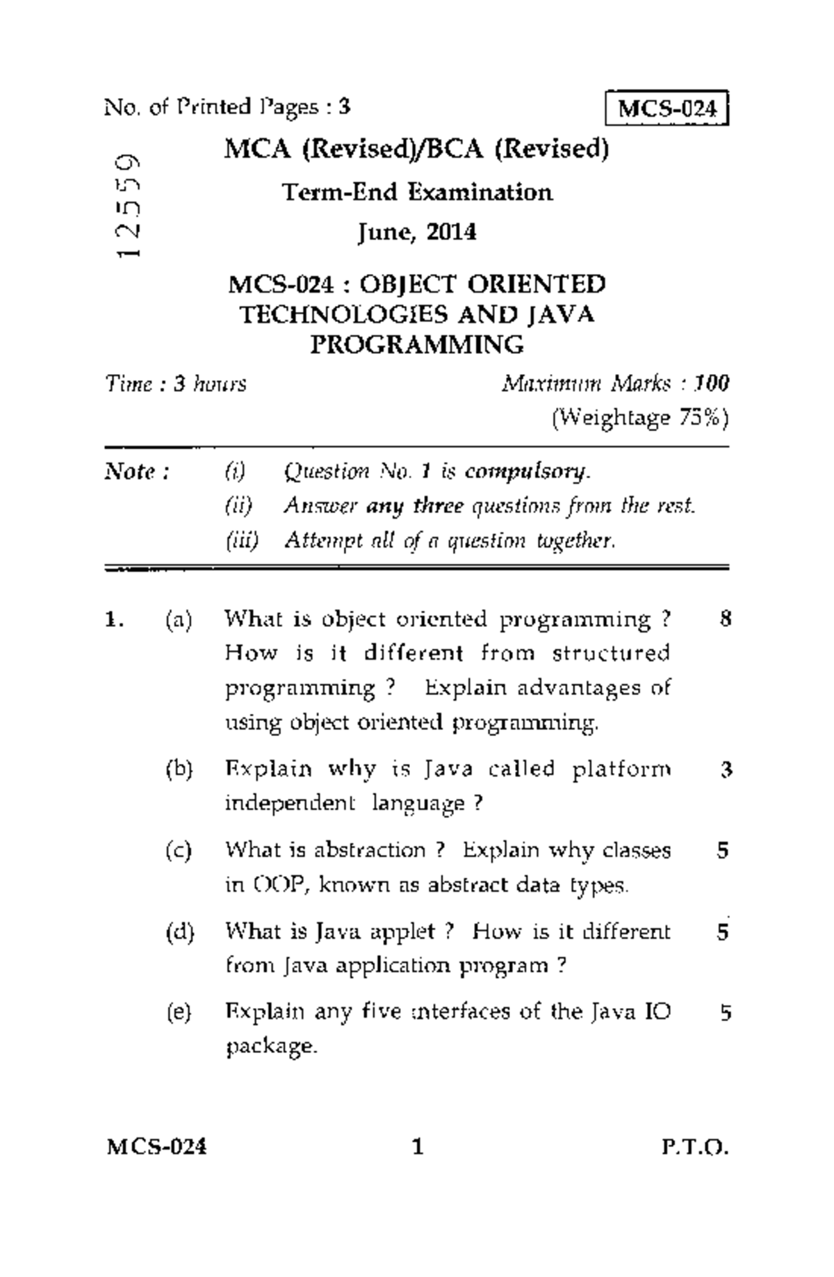 MCS-024 Object Oriented Technologies & Java Programming - Question Papers - Studocu