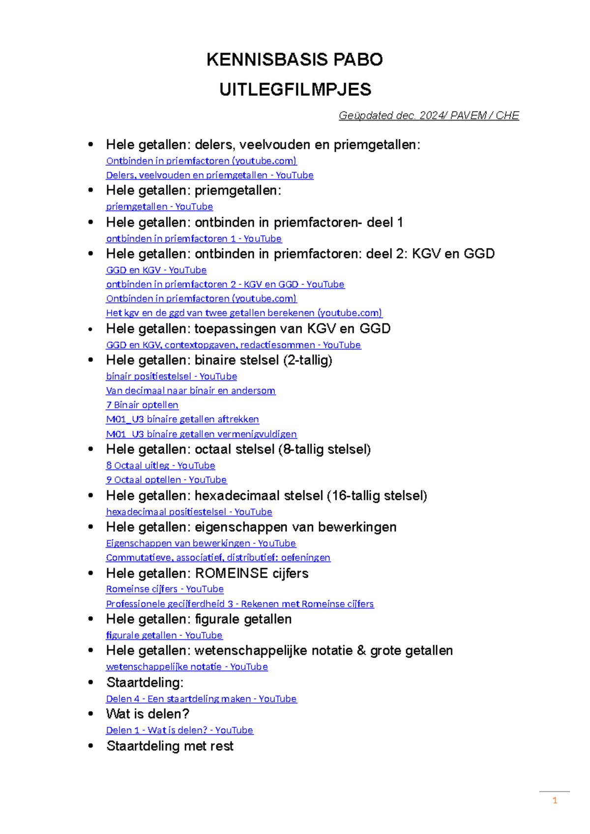 Overzicht Uitlegvideo's Kennisbasis PABO Dec 2024 (CHE) - Studeersnel