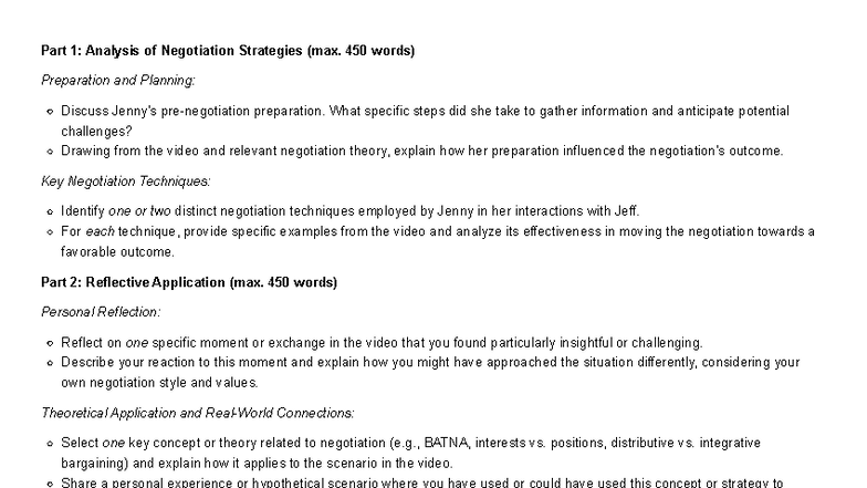 Assessment 1 Case Study Essay - Part 1: Analysis of Negotiation ...