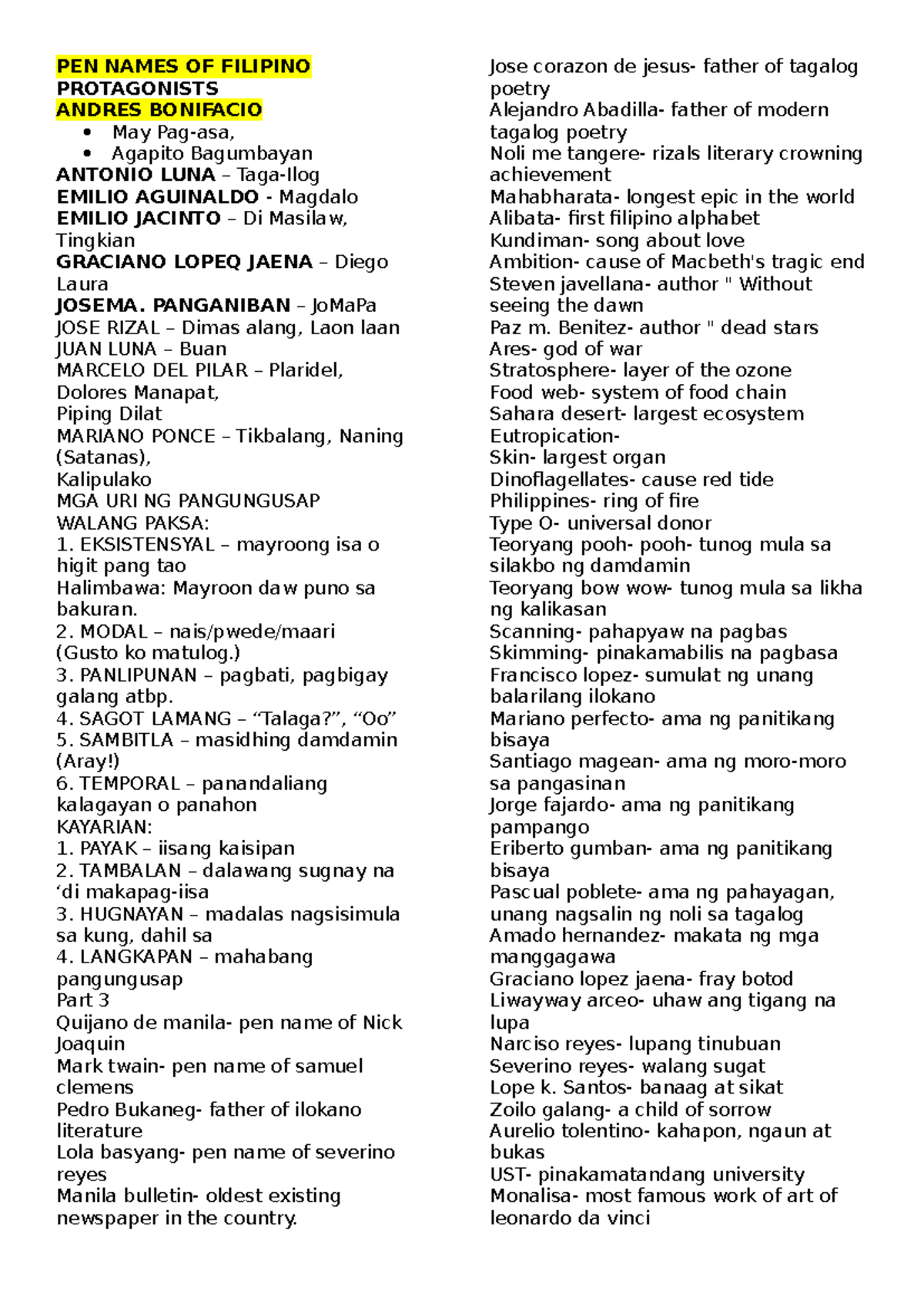 PEN Names of Filipino Authors and Literary Figures - Studocu
