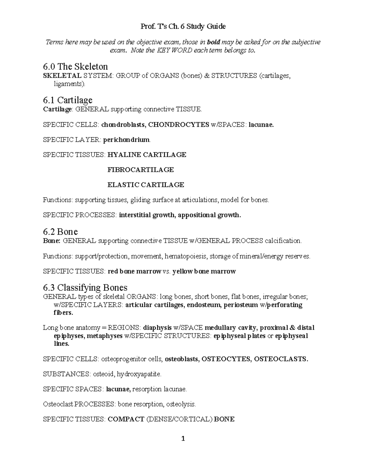 Prof. T's Ch. 6 Study Guide: Skeletal System & Bone Structure - Studocu