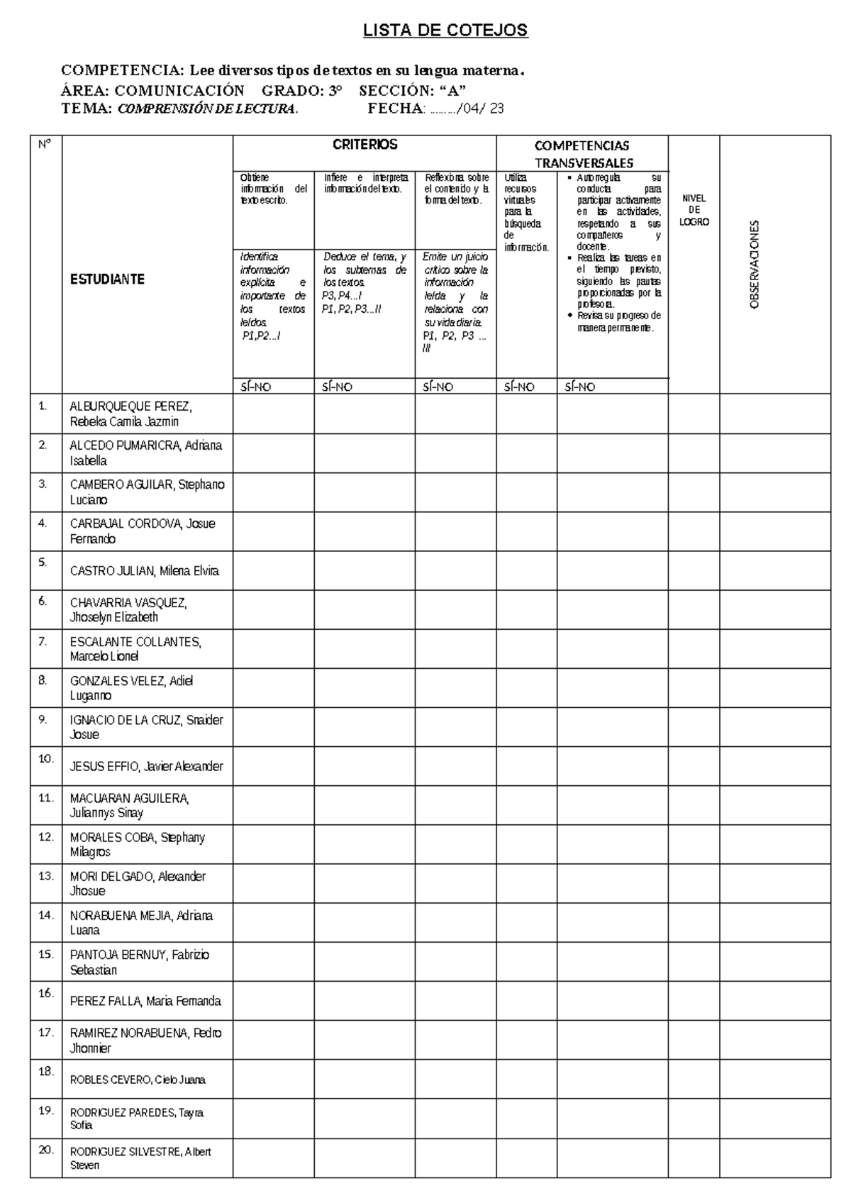 Lista de Cotejos de Comprensión de Lectura - Comun. 3° Unid. 2 - Studocu