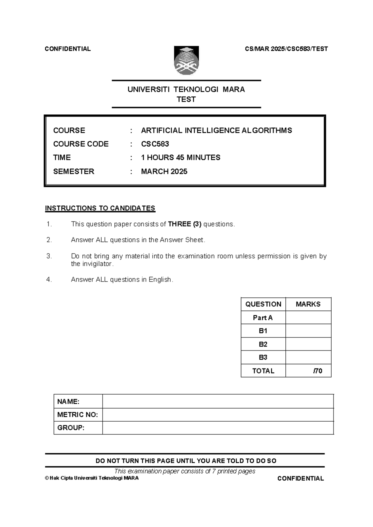 Csc583 Final Exam Artificial Intelligence Algorithms March 2025