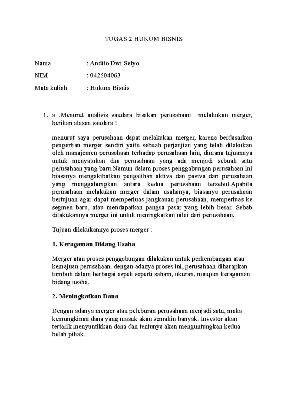 Tugas 2 - Hukum Bisnis: Analisis Startup dan Merger Perusahaan - Studocu