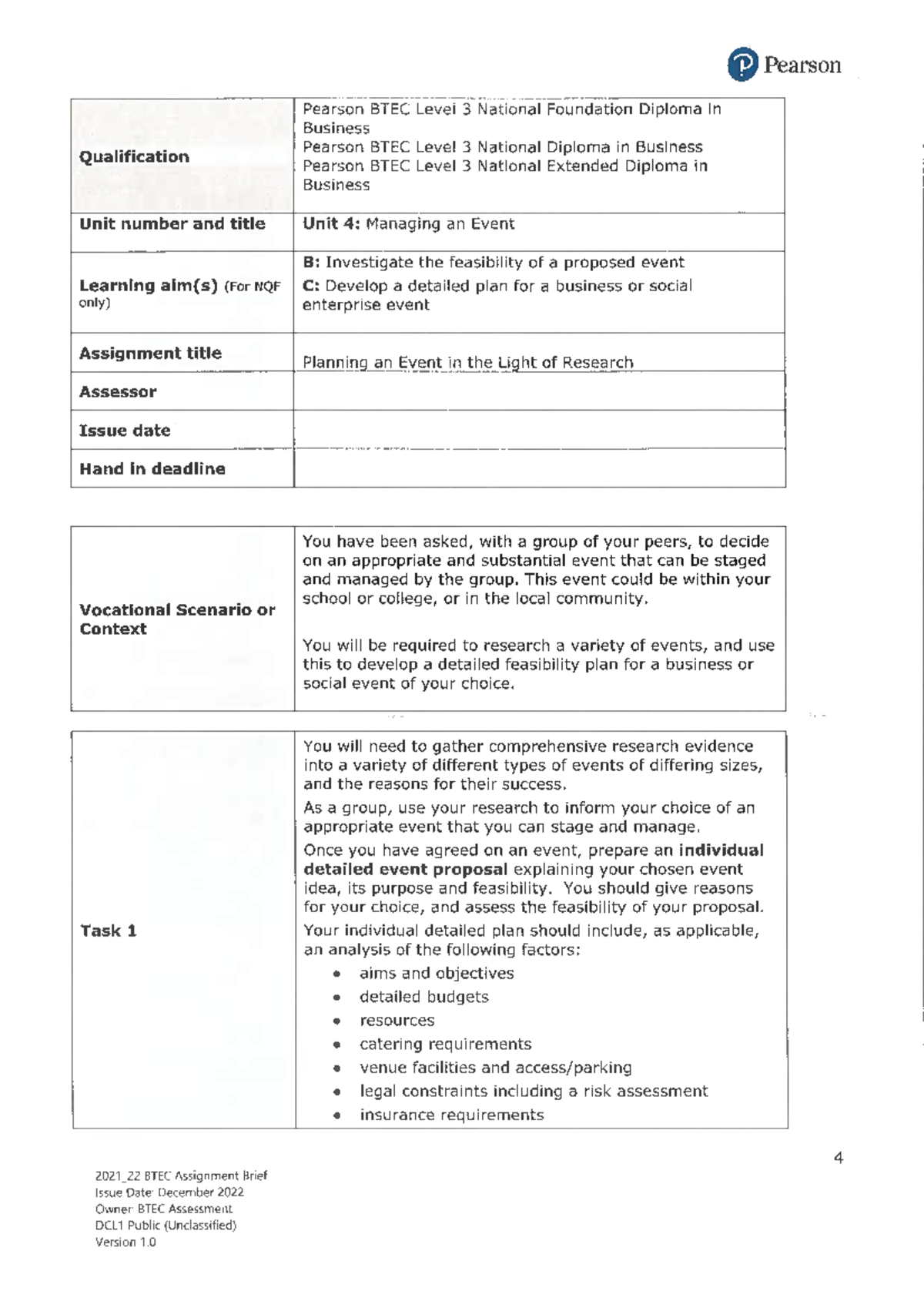 Unit 4: Managing an Event - Feasibility Plan Assignment (BTEC Level 3 ...