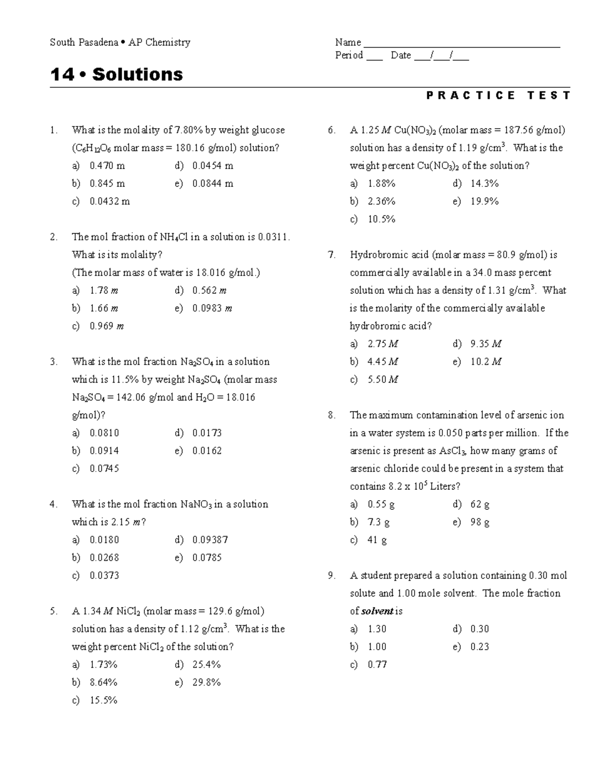 AP Chemistry Solutions Practice Test - Chapter 14 (APCH14) - Studocu