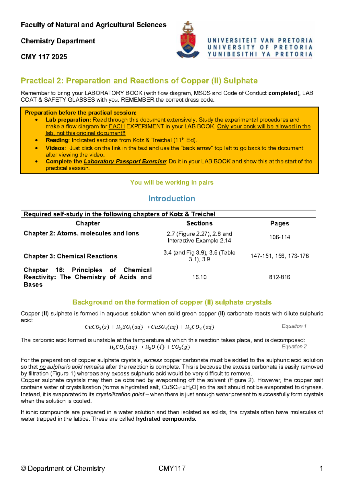 CMY 117 2025 Practical 2: Preparation & Reactions of Copper (II ...