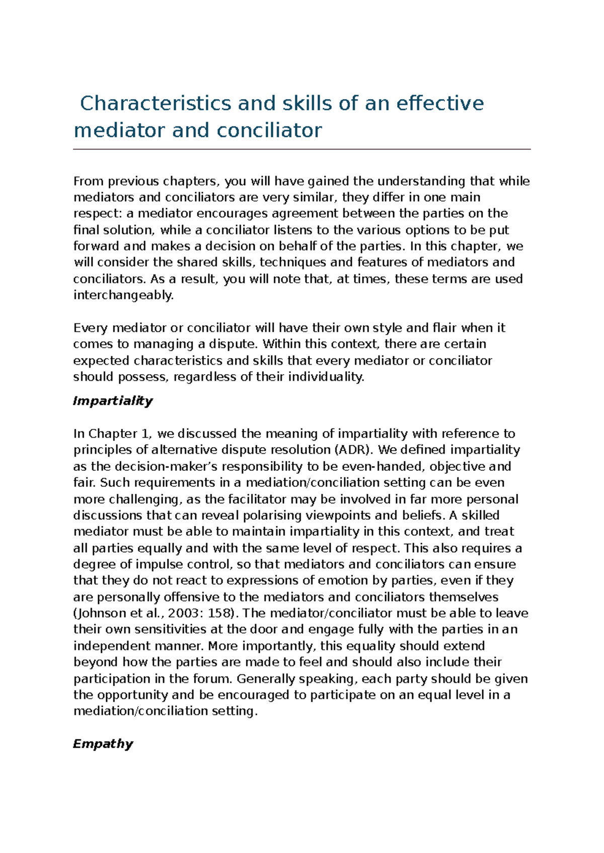 Mediation and Conciliation: Skills and Characteristics of Effective - Studocu