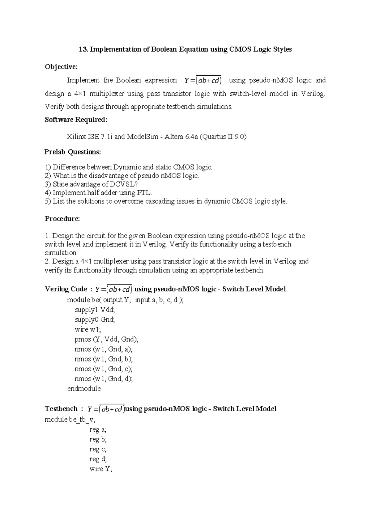 VLSI Design Lab Exp 13: CMOS Logic & Multiplexer Implementation - Studocu