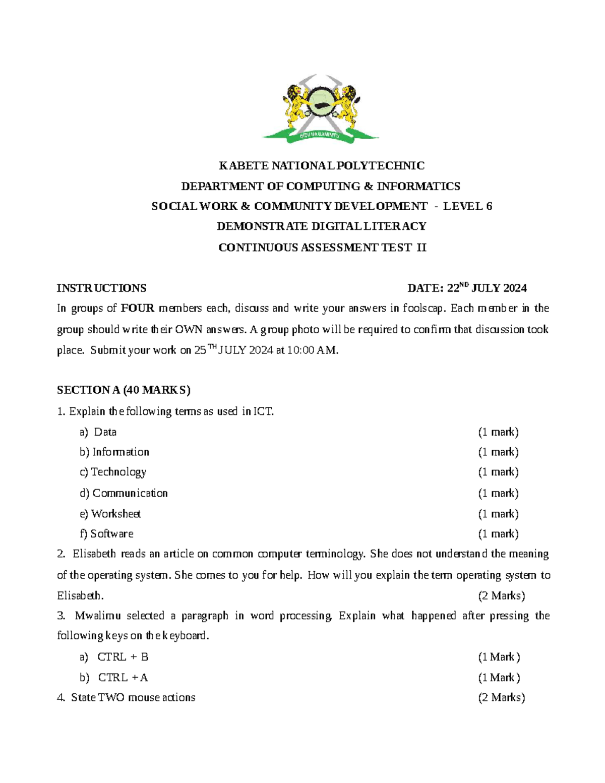 Digital Literacy Continuous Assessment Test II - Level 6 (COMP 101 ...
