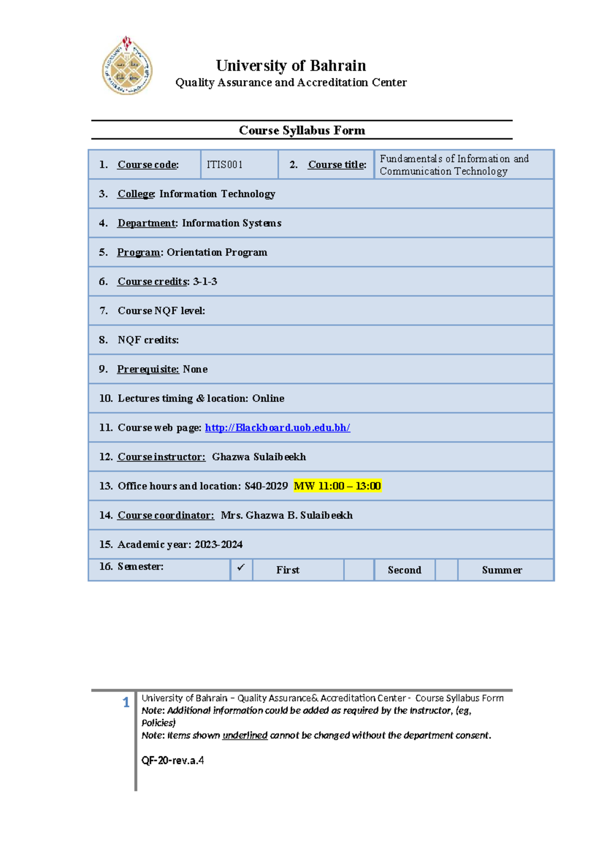 ITIS001 Course Syllabus: Fundamentals of ICT for 2023-2024 1st Sem ...