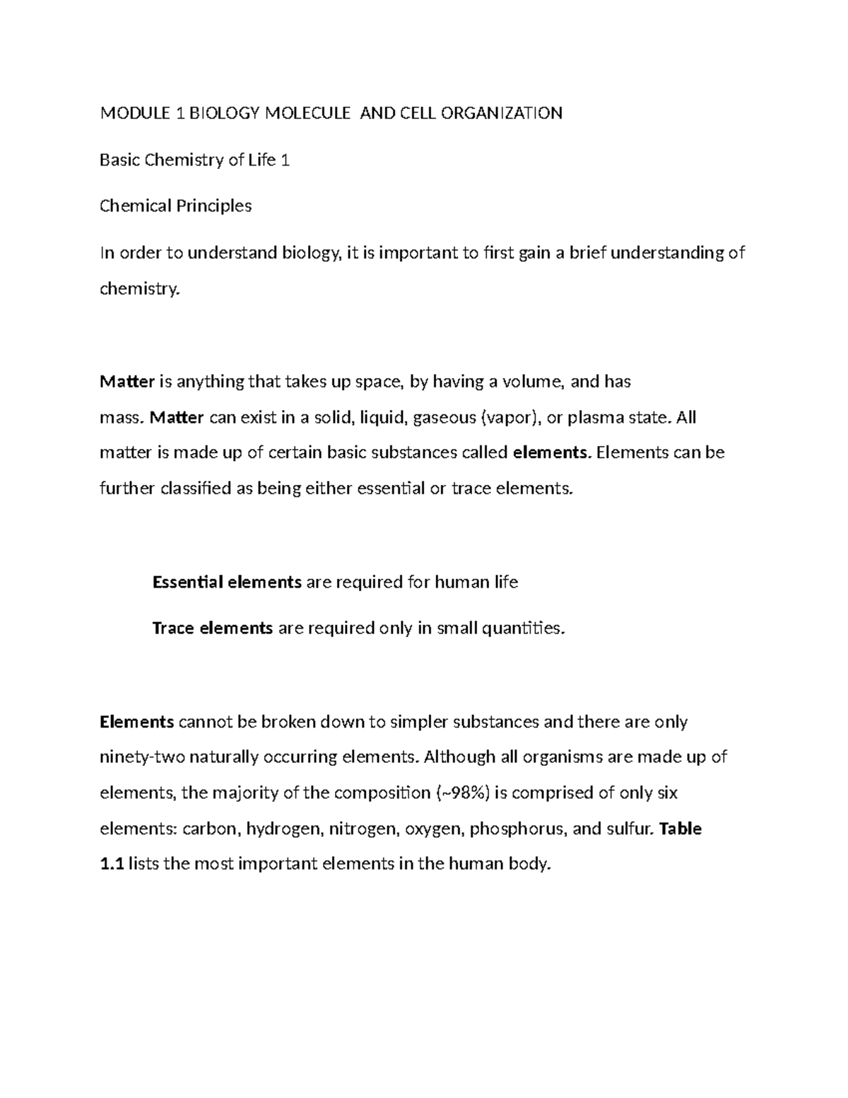 MODULE 1 BIO 101: Basic Chemistry of Life and Cell Organization Notes ...