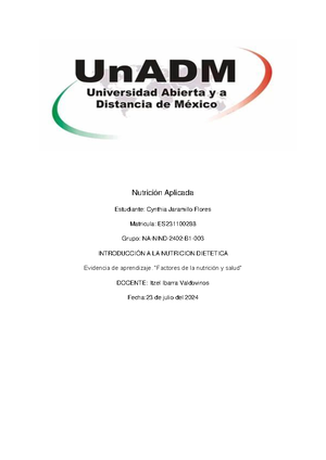 FNU U1 A2 CYJF - evidencia de aprendizaje - Nutrición Aplicada Estudiante: Cynthia Jaramillo ...