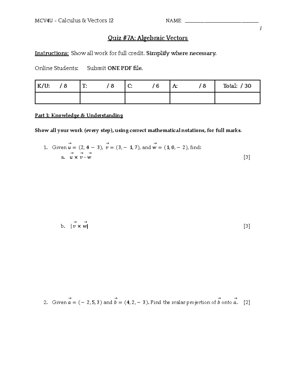 MCV4U Quiz #7A: Algebraic Vectors Insights & Solutions - Studocu