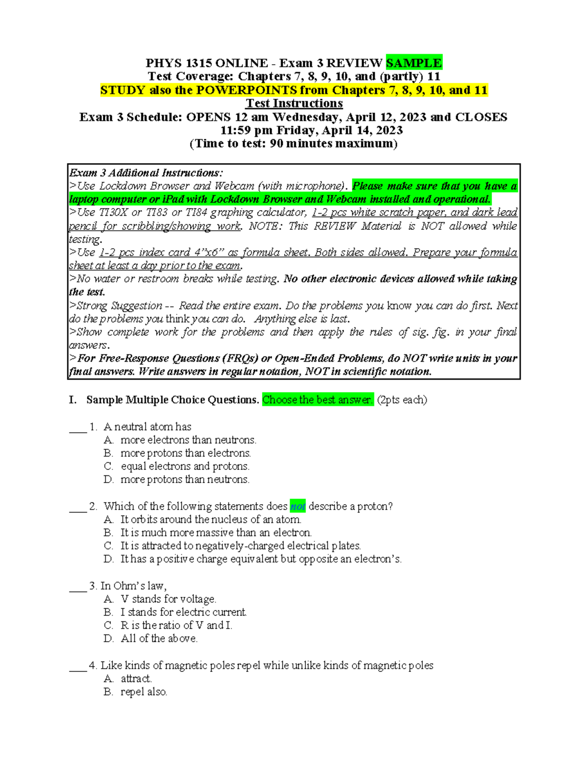 PHYS 1315 Exam 3 Review Sample - Coverage of Chapters 7-11 - Studocu