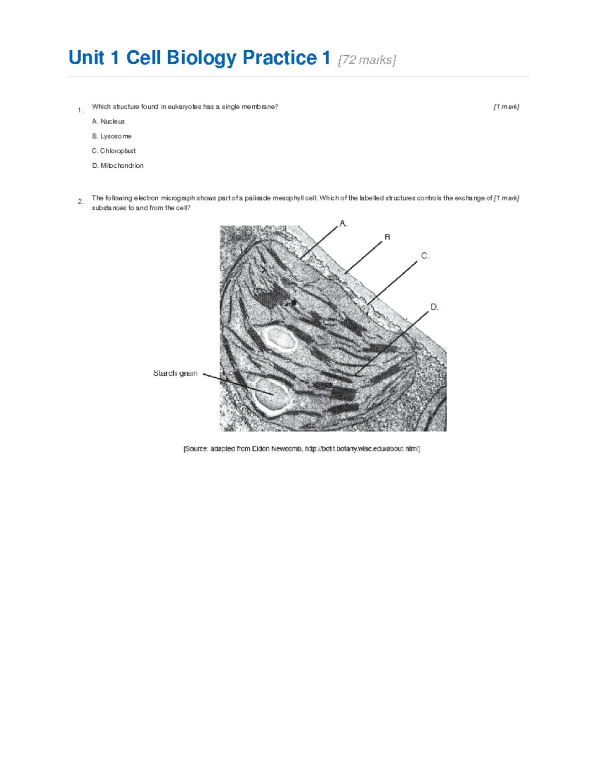 Unit 1 Cell Biology Practice 1: Key Topics and Questions - Studocu