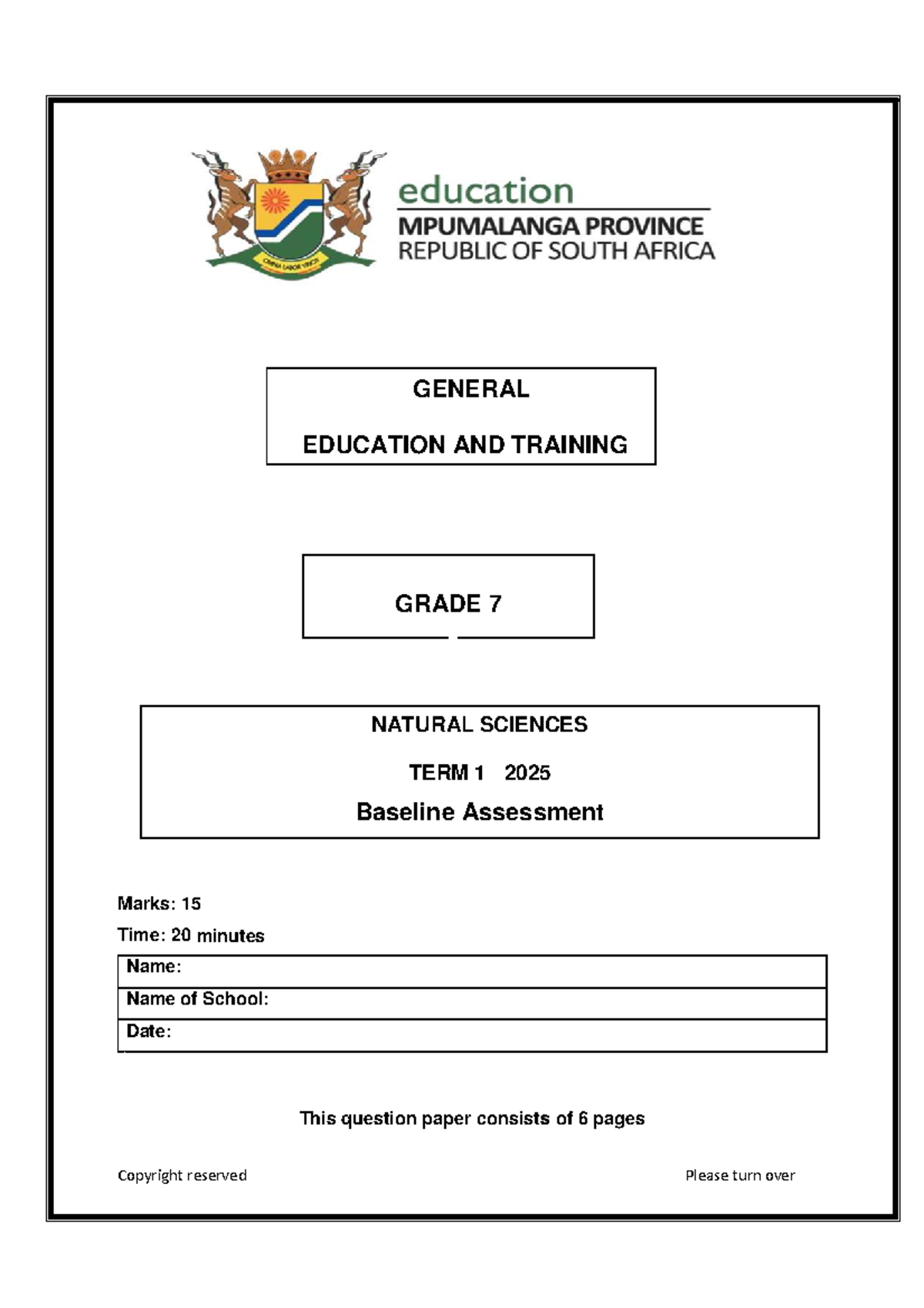 Grade 7 Natural Sciences Term 1 Baseline Assessment QP 2025 - Studocu