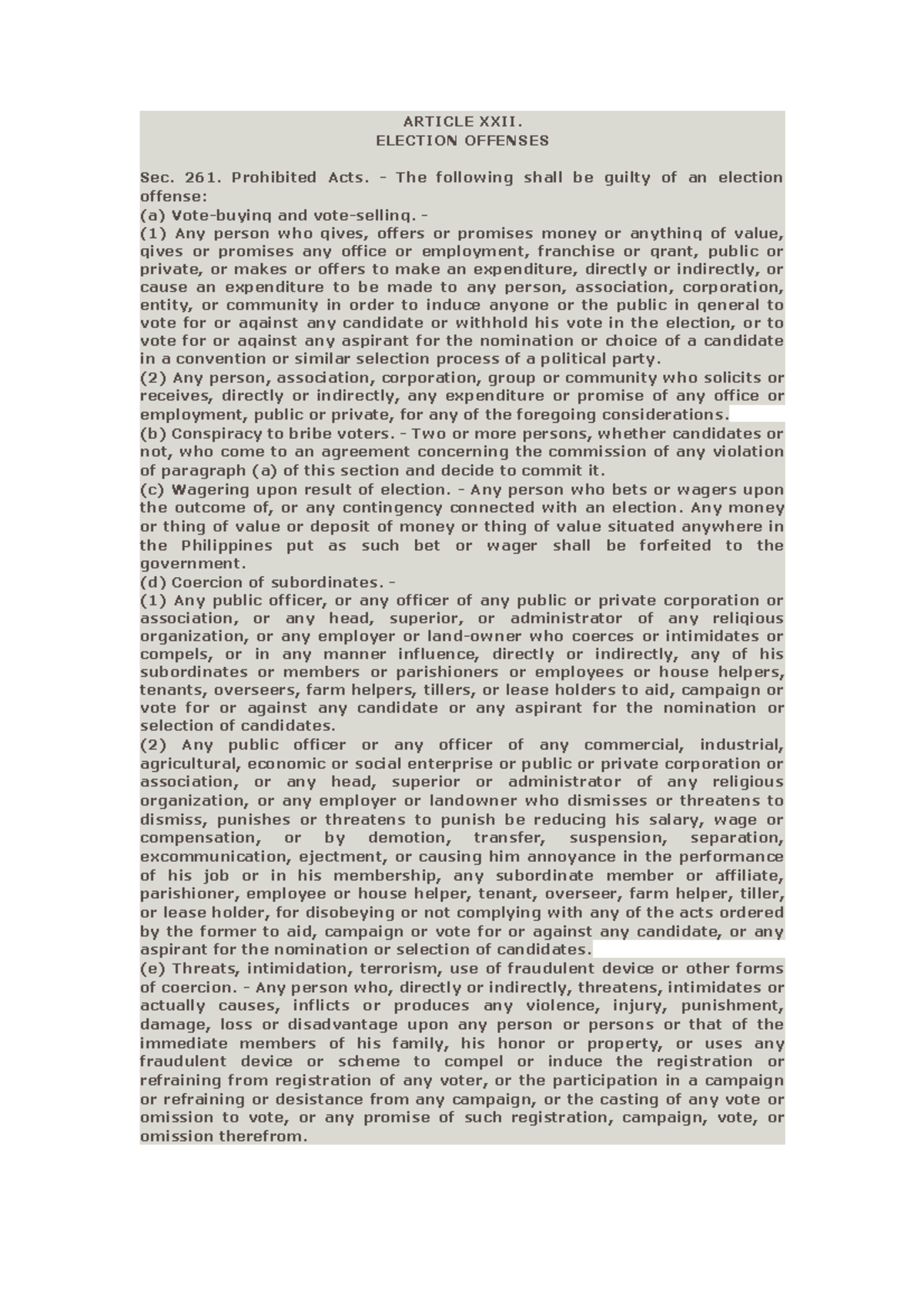 Election Offenses: Understanding Article 22 Sec 261 of the Omnibus Election Code - Studocu