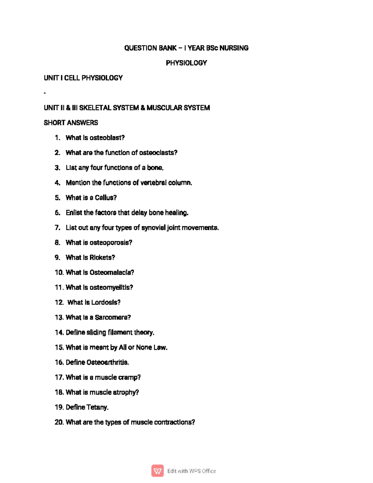 Physiology Question Bank for BSc Nursing I Year: Short Answers & Essays ...