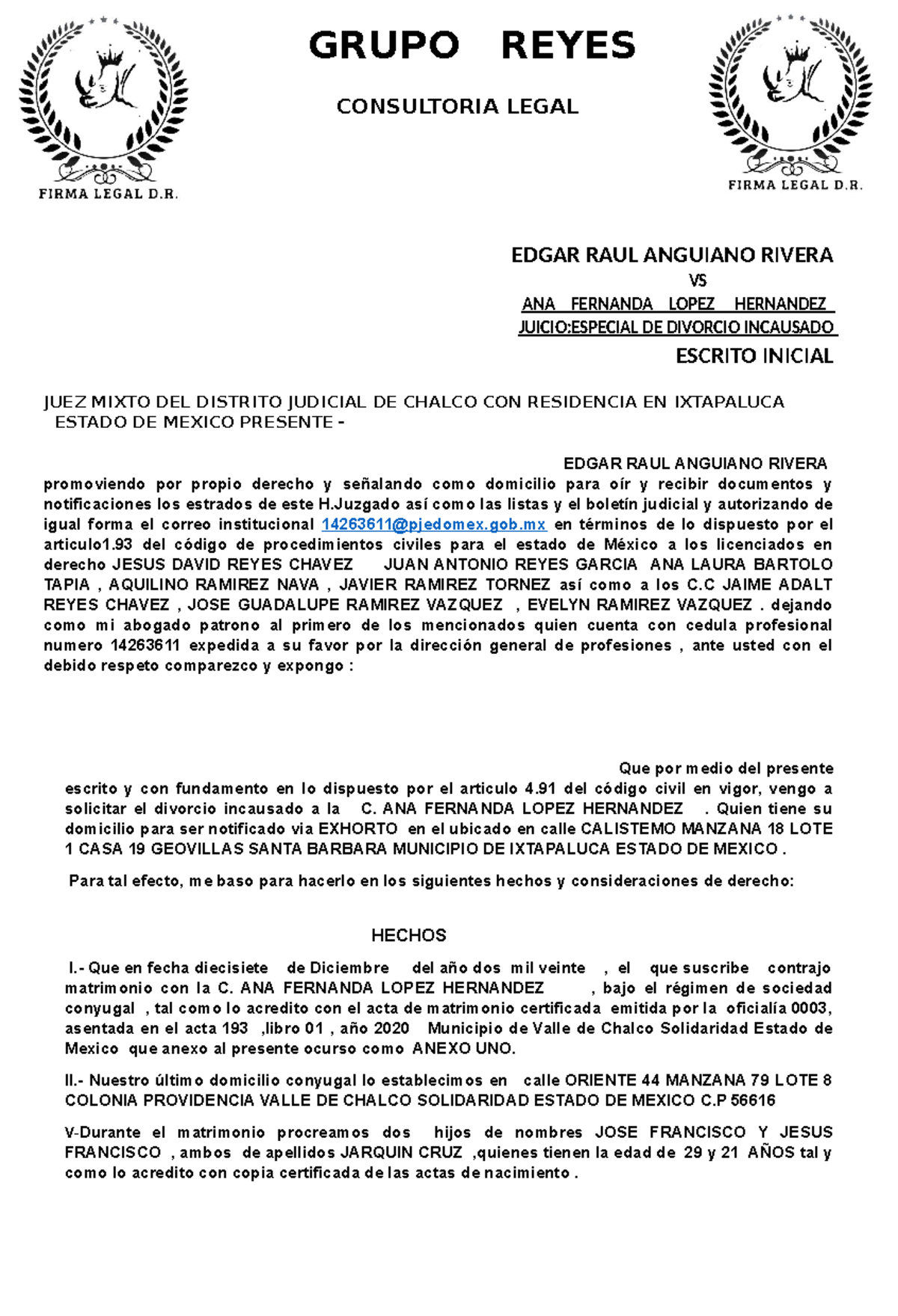 Juicio Especial de Divorcio Incausado - Edgar R. Anguiano vs A. F ...