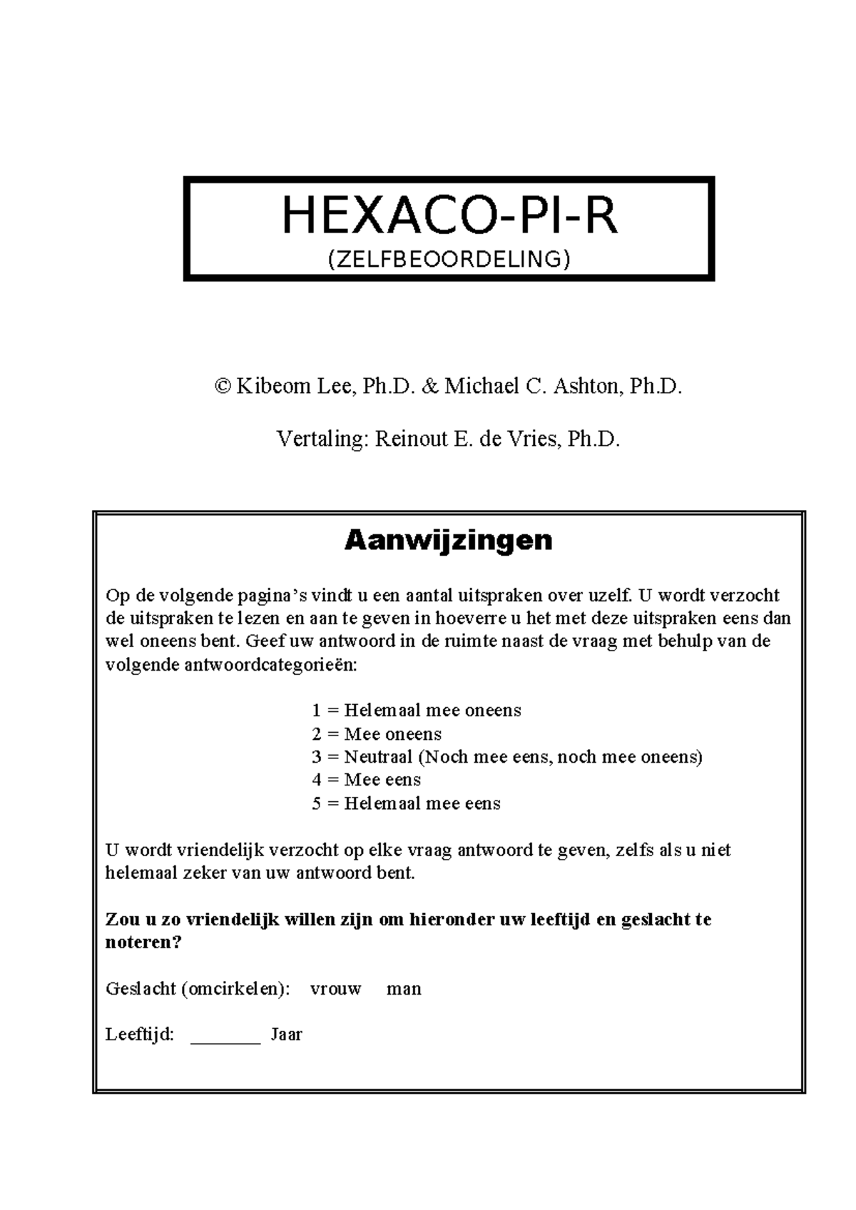 HEXACO-PI-R Zelfbeoordeling en Antwoorden - Studeersnel