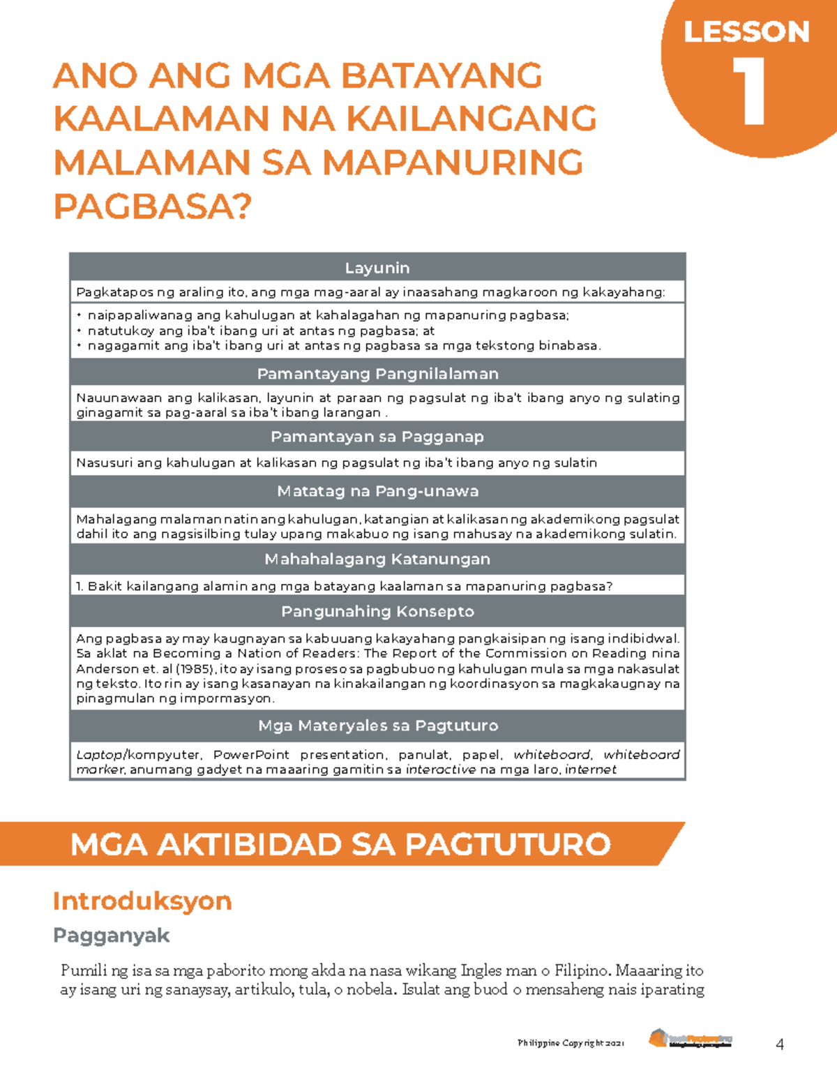 FIL 101: Lesson 01 - Mga Batayang Kaalaman sa Mapanuring Pagbasa - Studocu