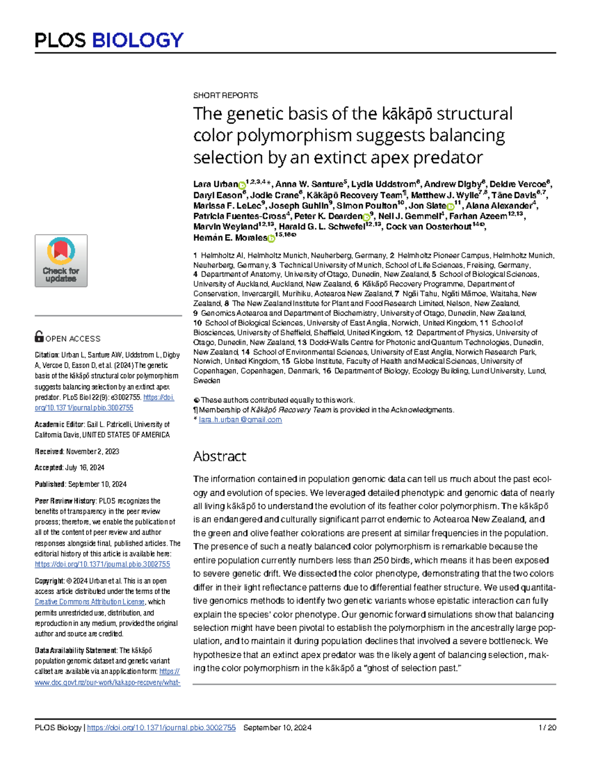 The Genetic Basis of Kākāpō Color Polymorphism: Balancing Selection ...