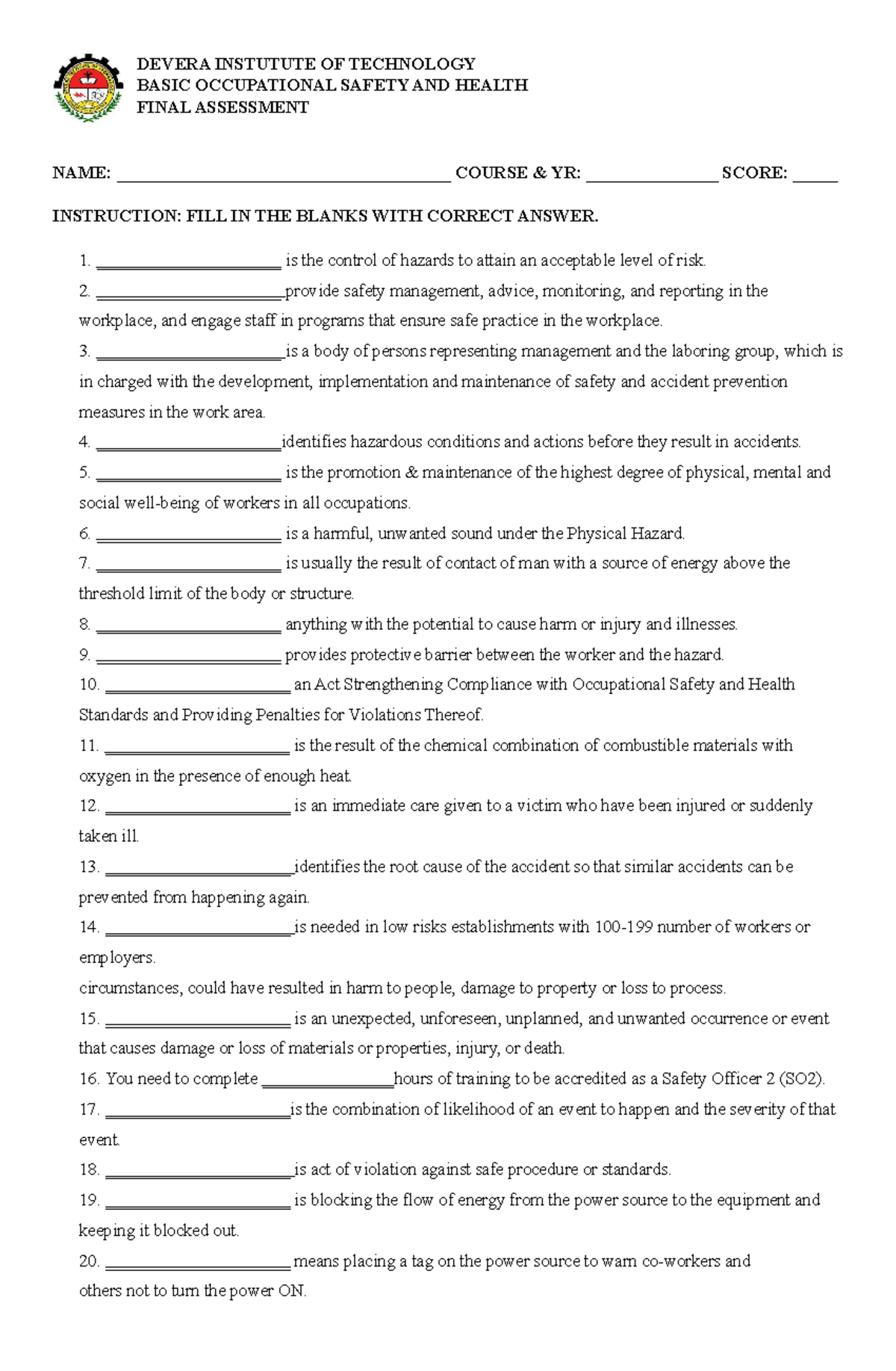 BOSH Final Exam - Basic Occupational Safety and Health Assessment - Studocu