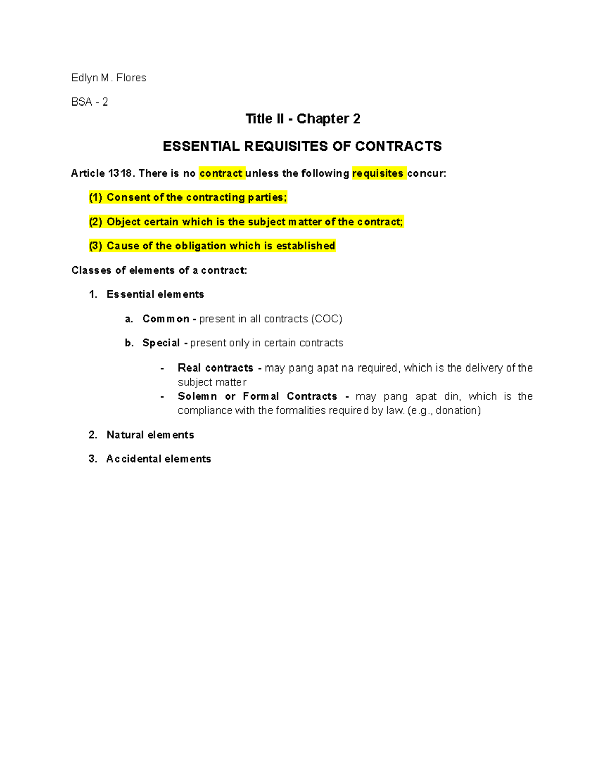II Chapter 2 - Oblicon Notes on Essential Requisites of Contracts - Studocu