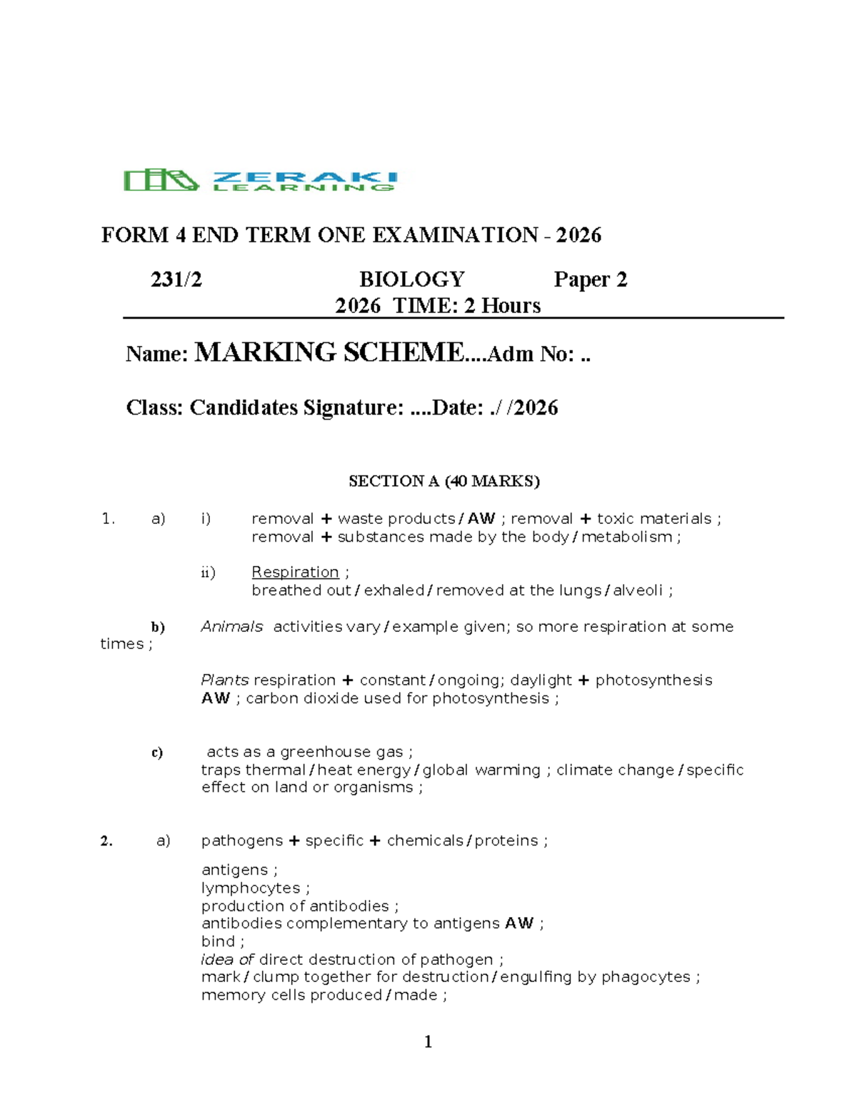 FORM 4 BIOLOGY END TERM ONE EXAM 2026 MARKING SCHEME - Studocu