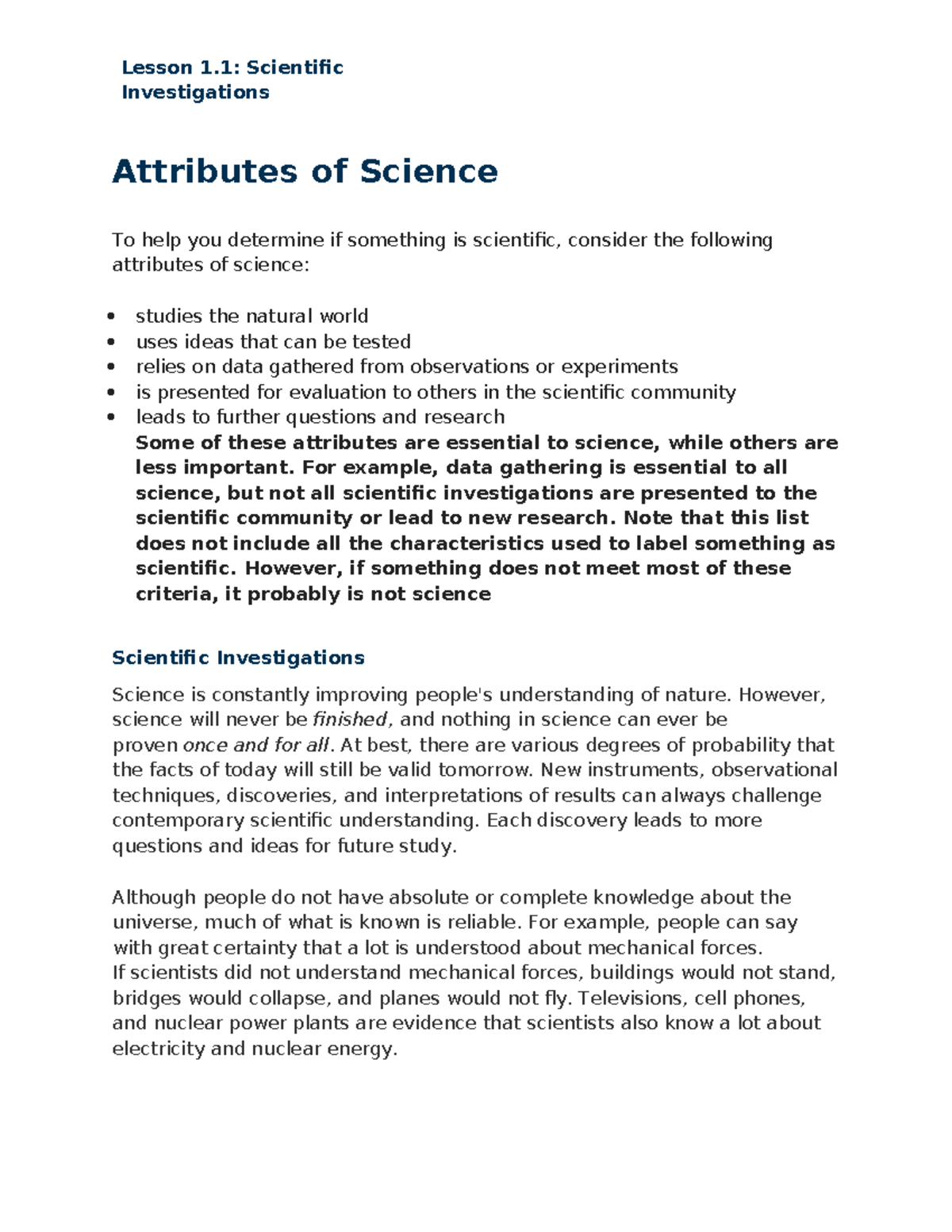 Lesson 1.1: Attributes of Scientific Investigations in Science - Studocu