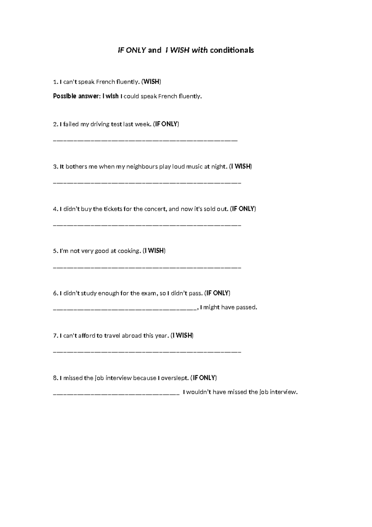 988336624 I Wish and If Only Conditional Exercises - Studocu